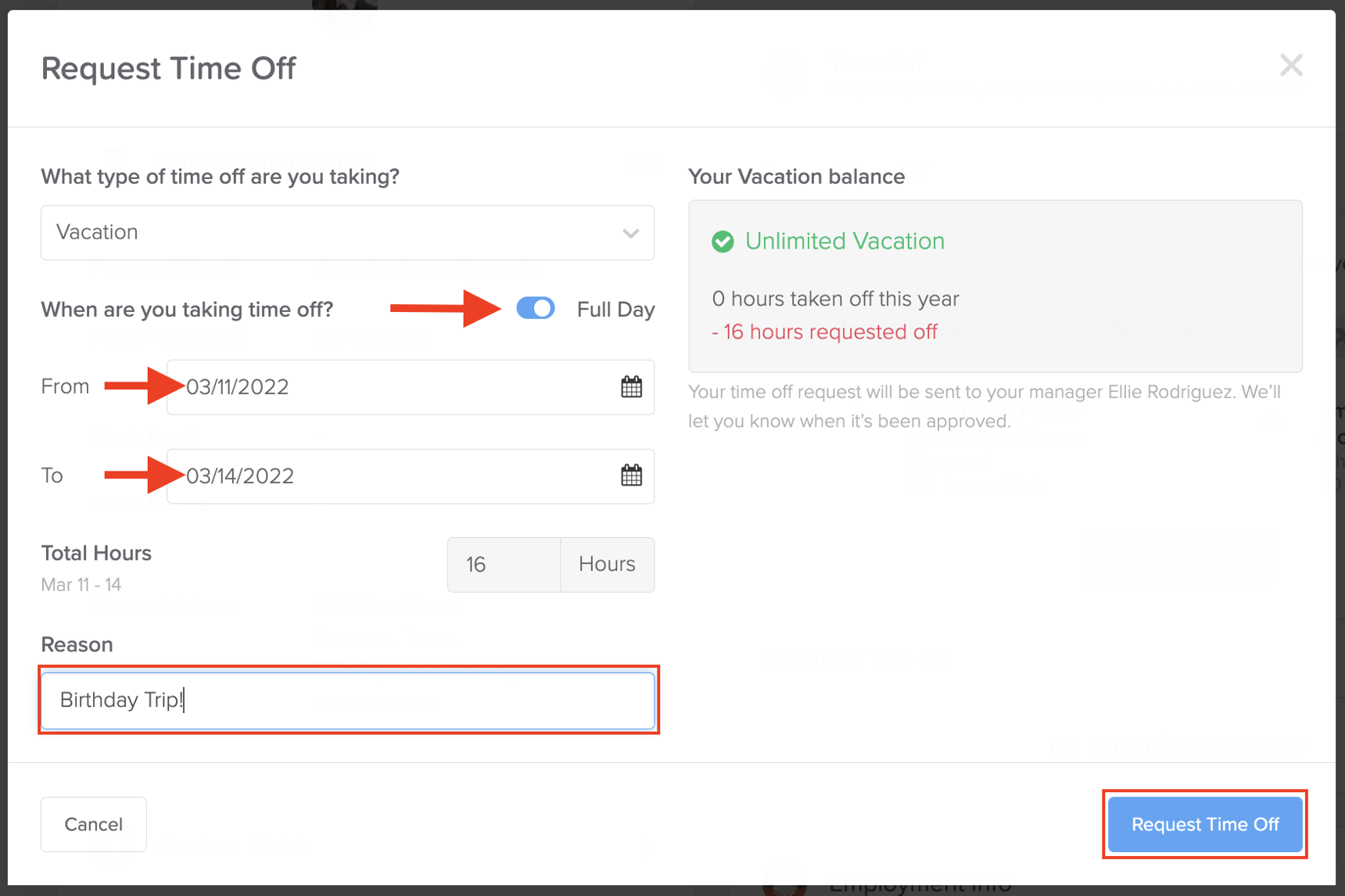 How do I request time off in GoCo?